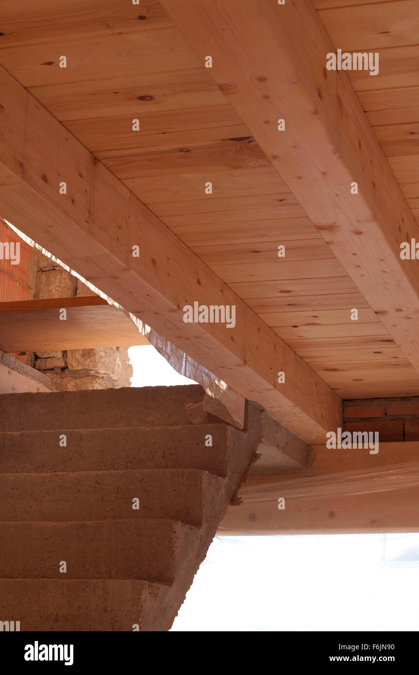 Ceiling wood support of a house under construction Stock Photo - Alamy