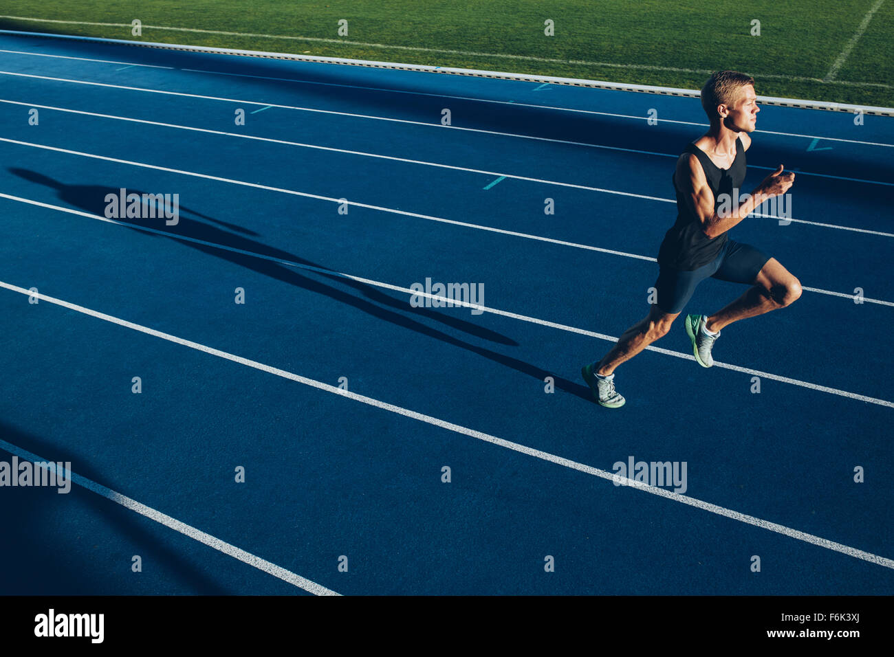 Shot of young professional sprinter running on racetrack. Runner ...