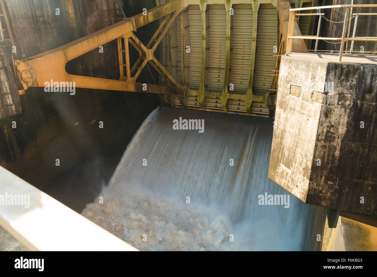 Gate of hydroelectric power plant letting excess of water overflow ...