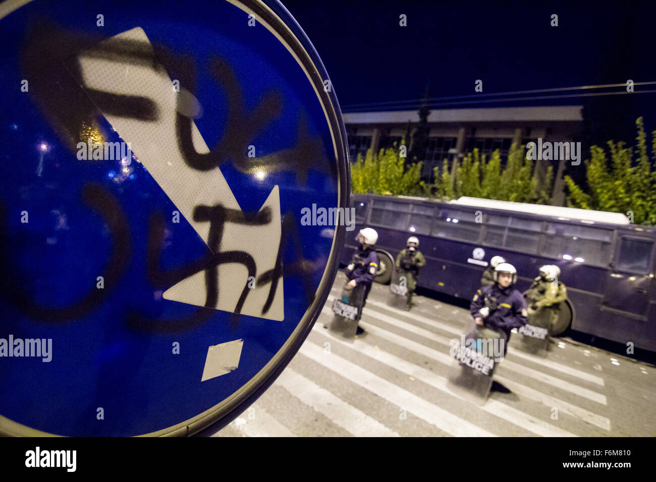 Athens, Greece. 17th Nov, 2015. A provocative sign is seen outside the ...