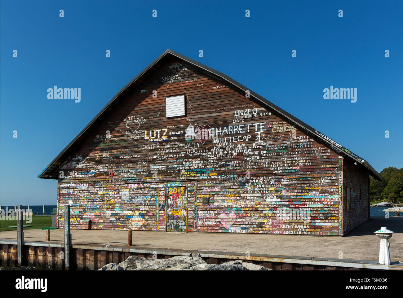 USA,Wisconsin,Door County, Ephraim, Anderson Dock, graffiti Stock Photo ...
