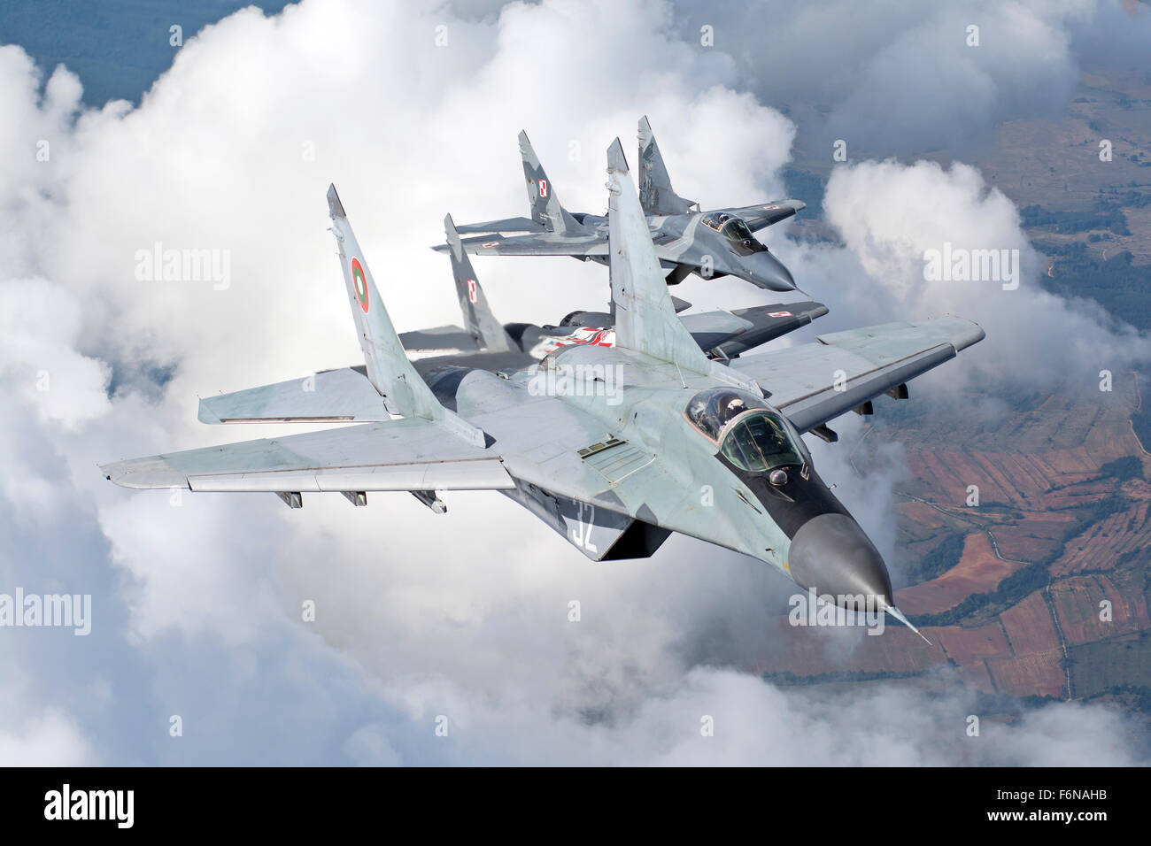 Bulgarian and Polish Air Force MiG-29s planes flying together during a ...