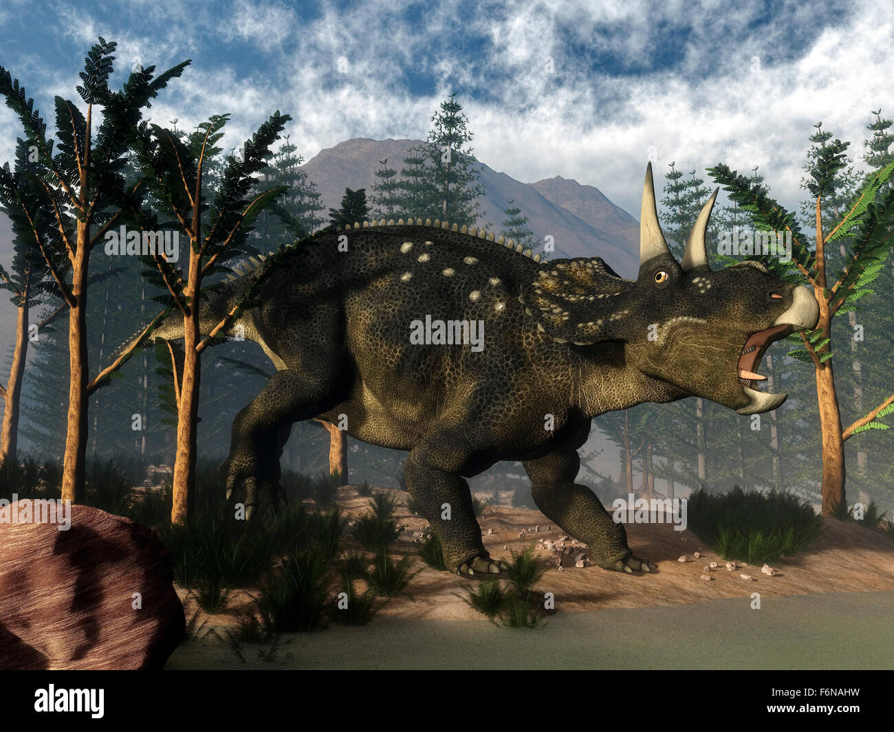 Nedoceratops roaring while among onychiopsis trees Stock Photo - Alamy