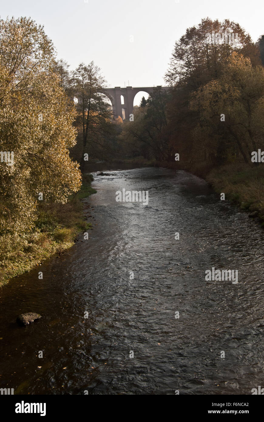 brick Elstertalbrucke bridge with Weisse Elster river near Plauen city ...