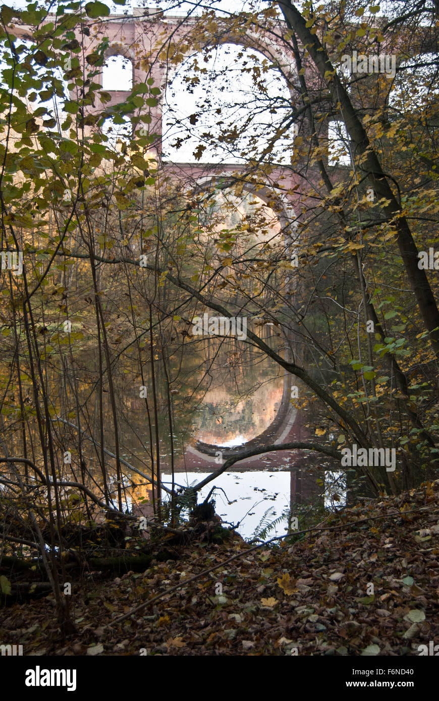 Elstertalbrucke brick bridge reflexted on Weisse Elster river ground ...