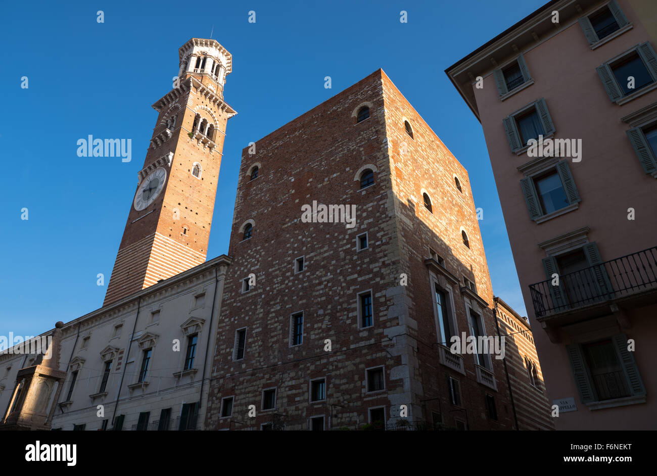 Italy, Verona, view of the Lamberti tower from Piazza Delle Erbe Stock ...