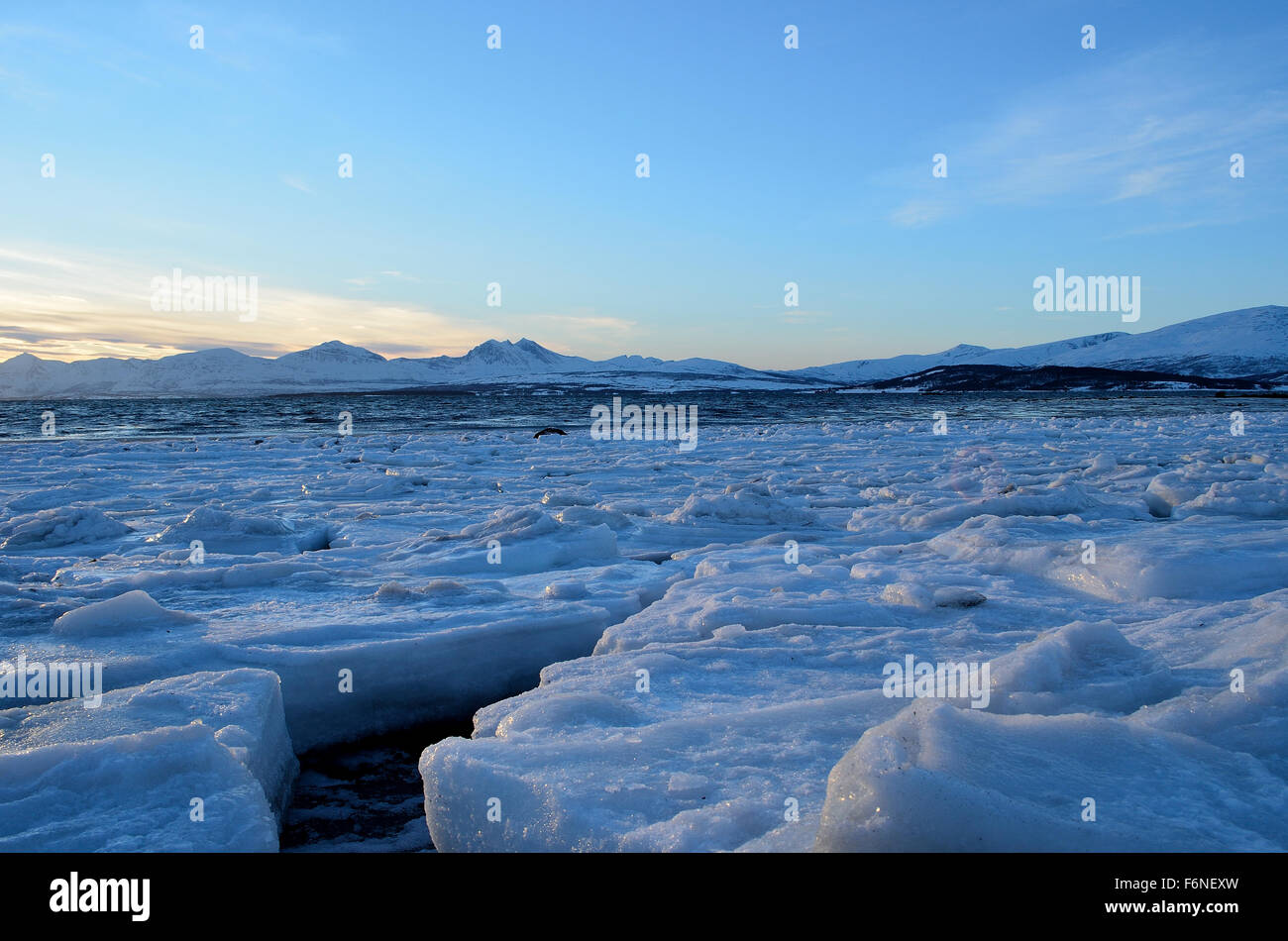 Ice covered sea shore in the arctic circle on a sunny clear blue day ...