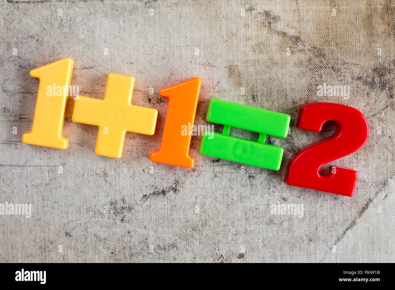 One add one, simple math addition on old canvas background Stock Photo ...