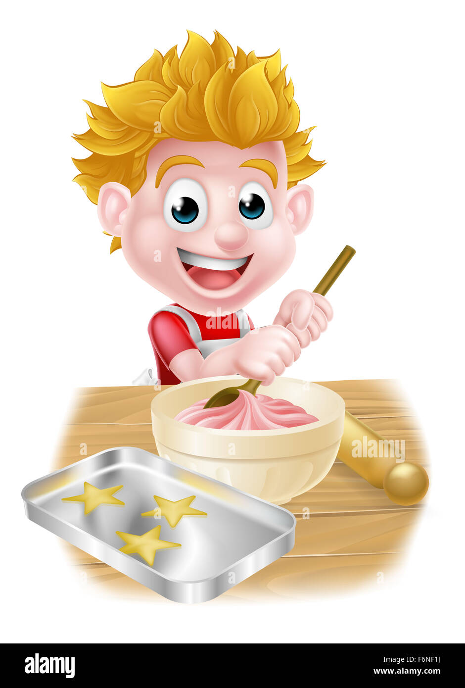 Cartoon boy baking and cooking as a chef in the kitchen Stock Photo - Alamy
