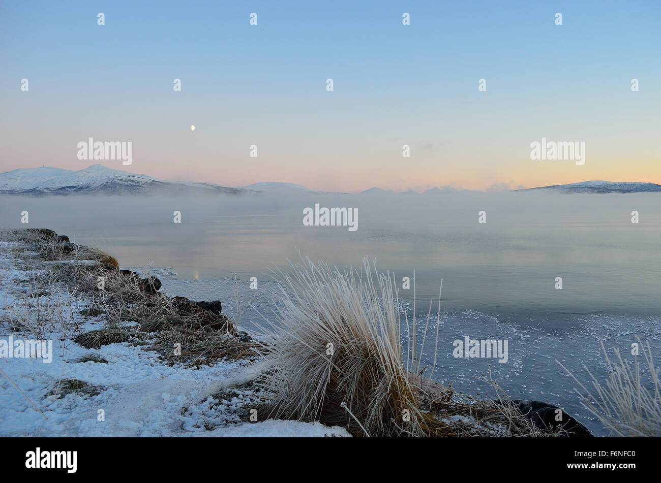 long frozen sea shore with thick ice and colorful dawn sky and dense ...