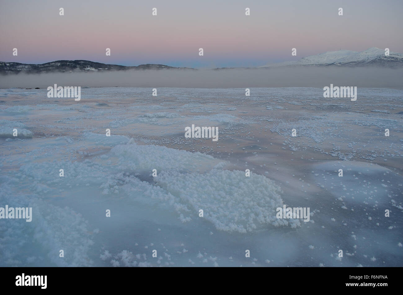 thick sea ice with cold ice frost fog and mist over water with pink ...