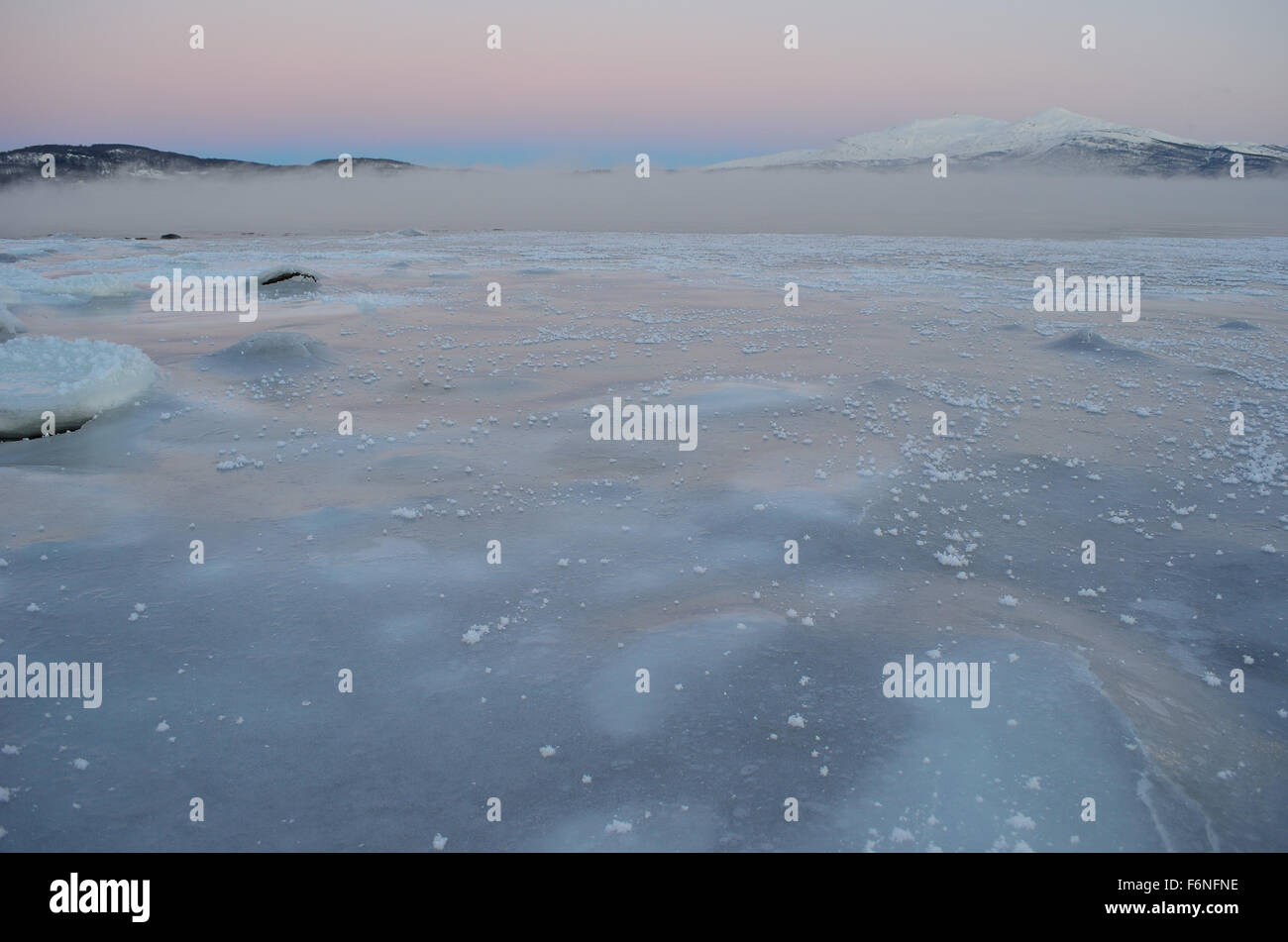thick sea ice with cold ice frost fog and mist over water with pink ...