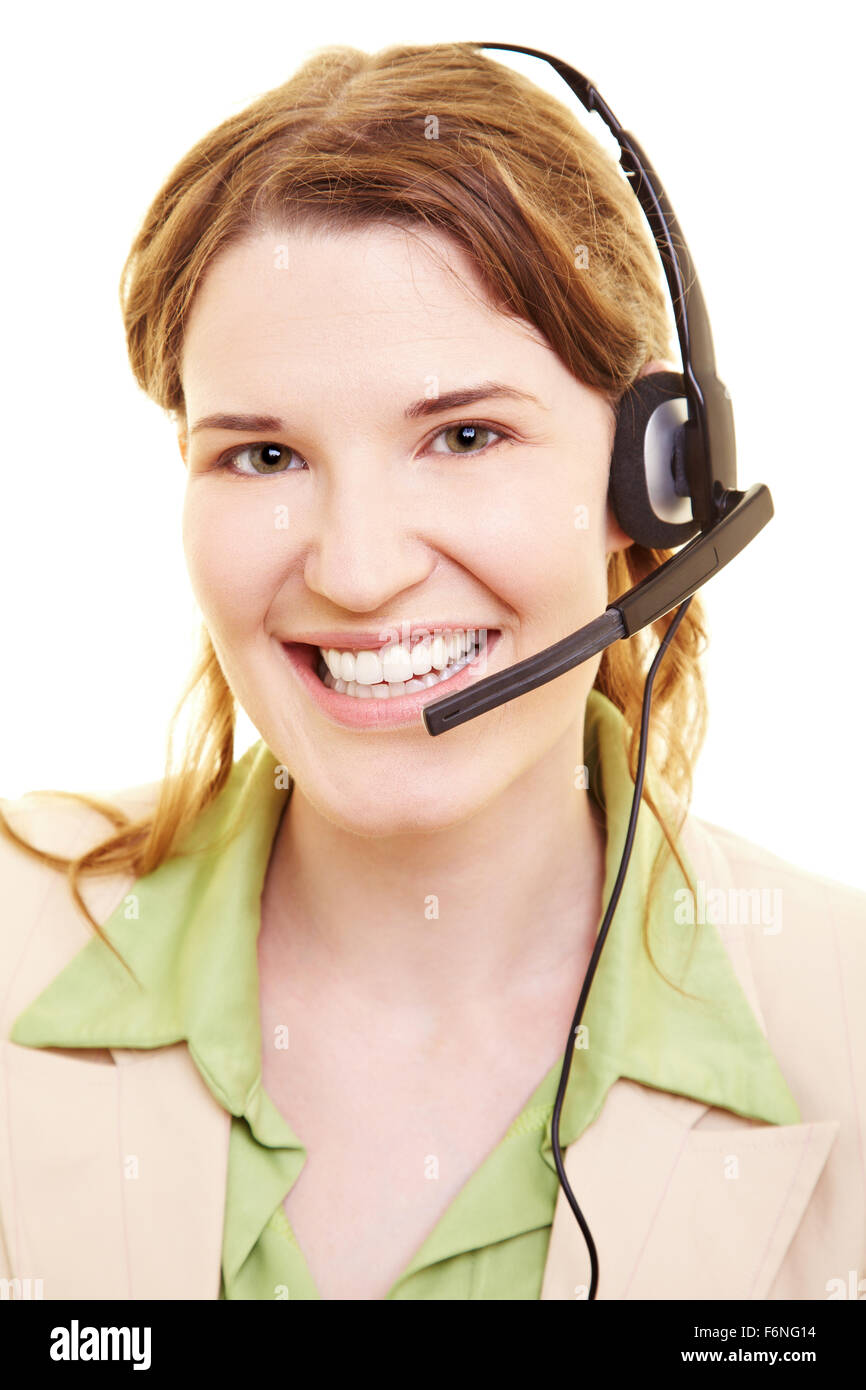 Young happy woman with a headset on her head Stock Photo - Alamy