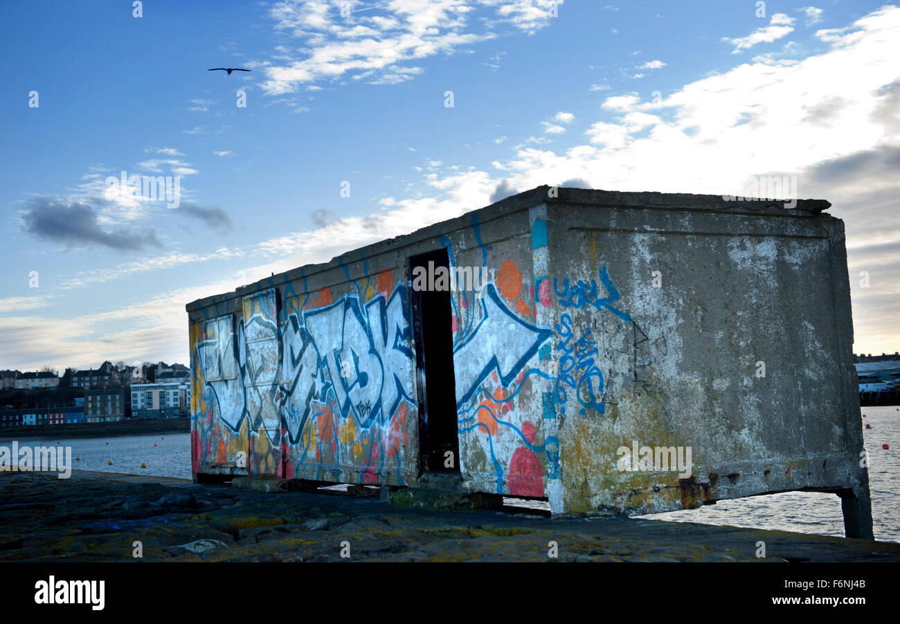 Derelict building on the breakwater at Granton, Newhaven, Leith near ...