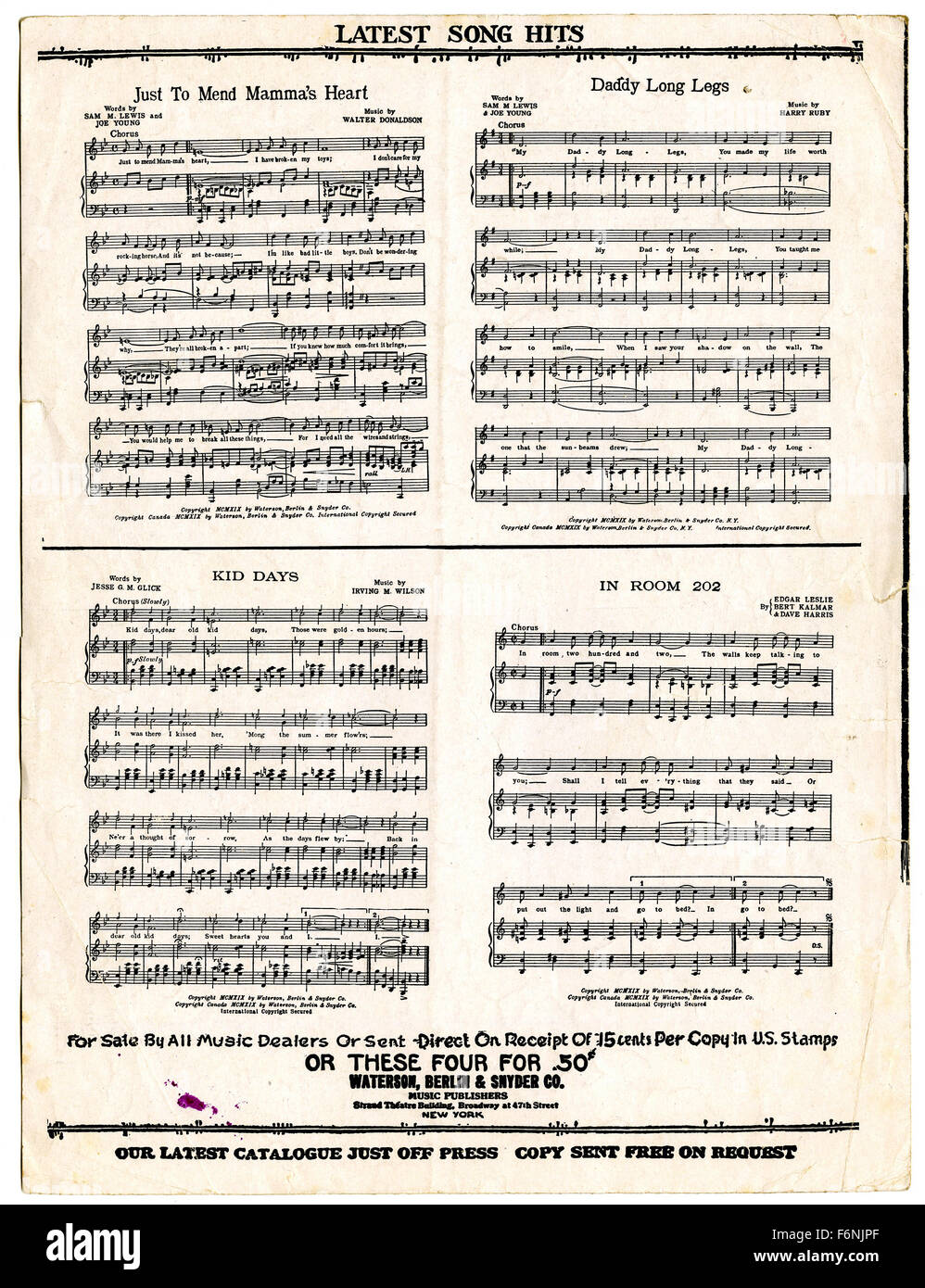 Collection of Latest Song Hits, 1919, from back side of piano sheet ...
