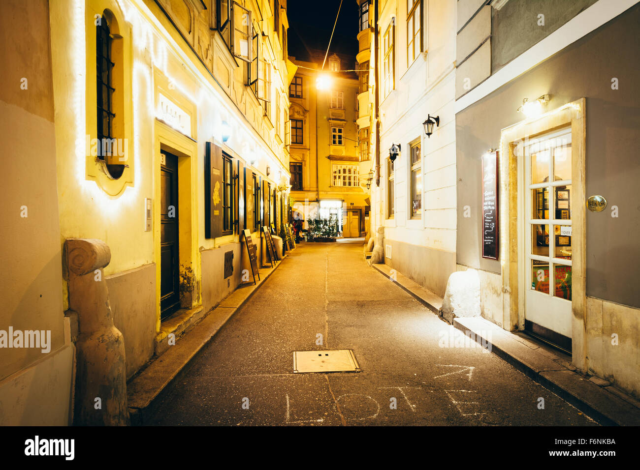 Schönlaterngasse, a narrow alley at night, in Vienna, Austria Stock ...