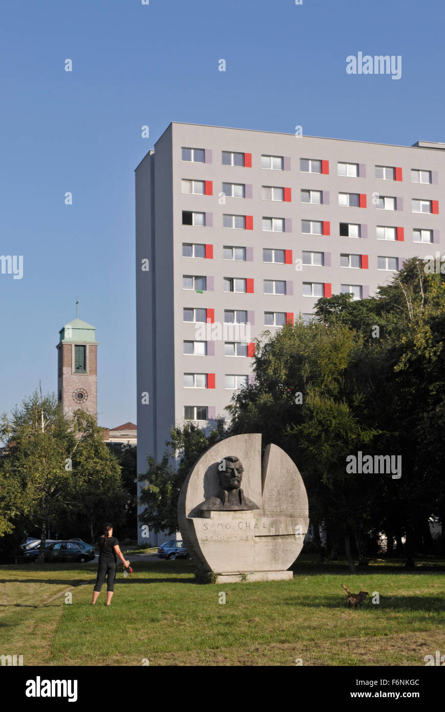 woman with dog and monument of Samo Chalupka - a Slovak romantic poet ...