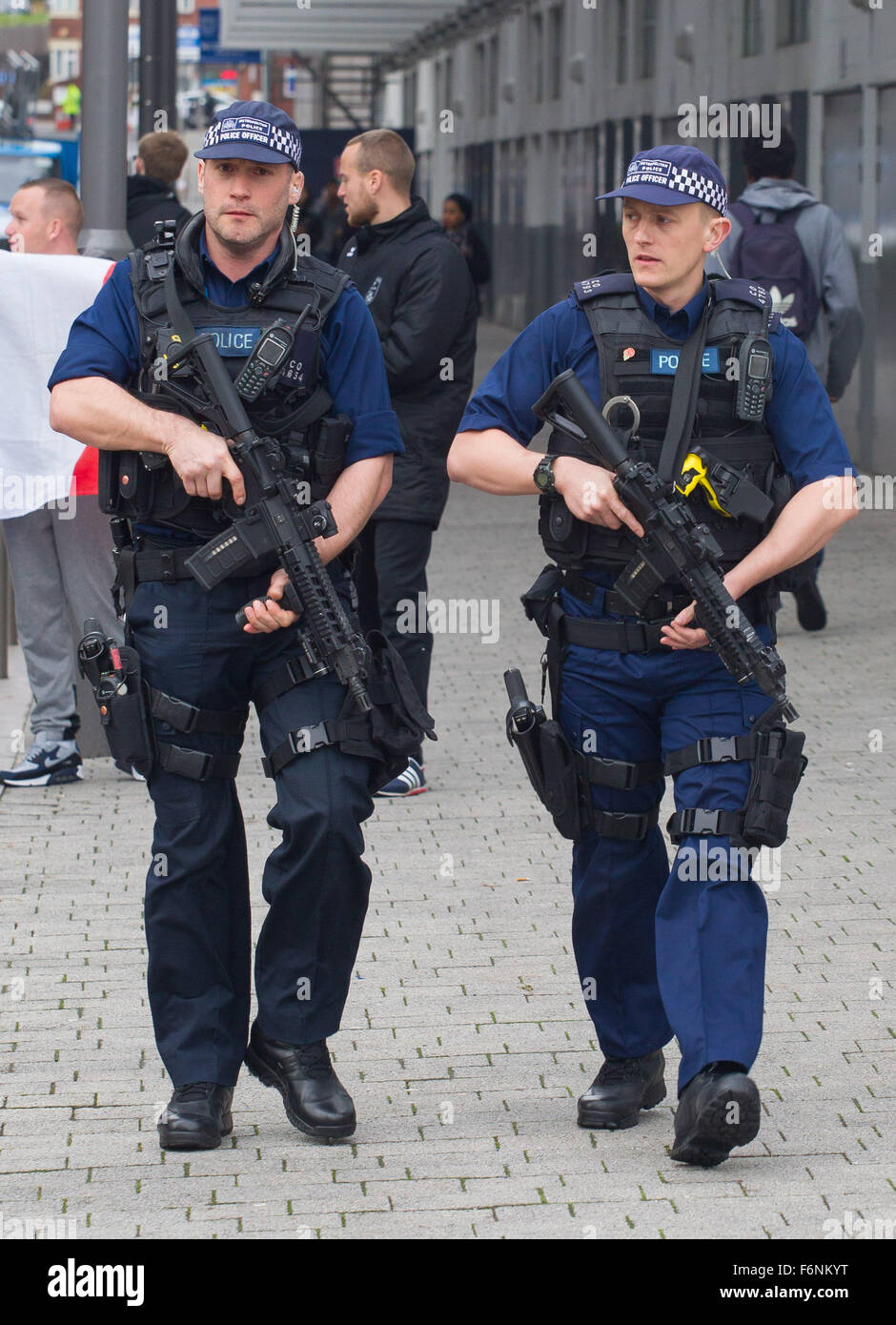 Armed metropolitan MET police outside Wembley Stadium, London, Britain ...