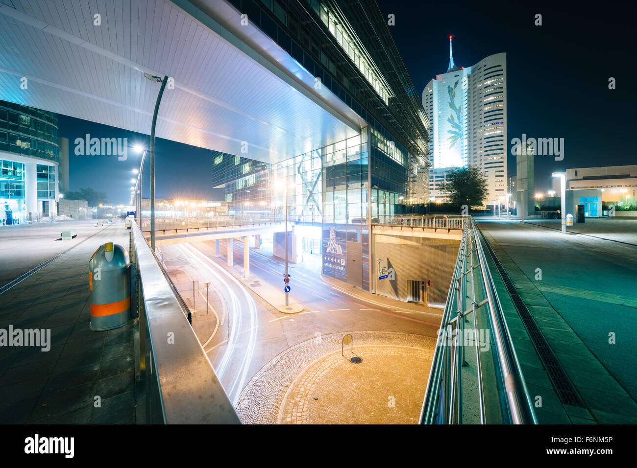 Modern buildings and street at night, in Donau City, in Vienna, Austria ...