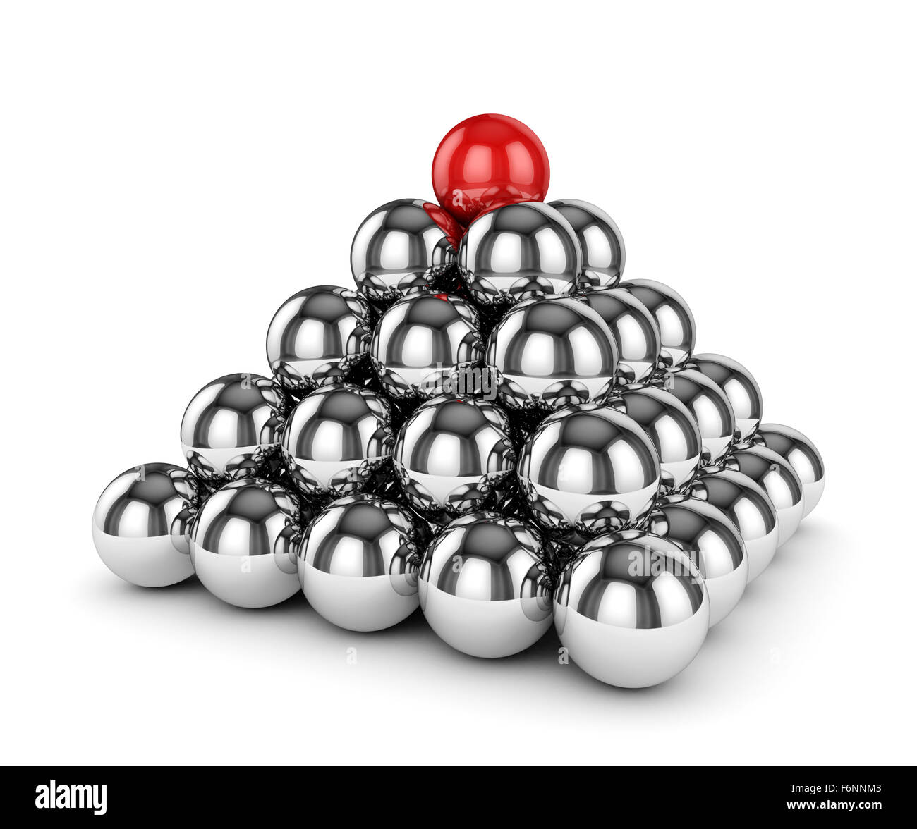 3d rendering of metal chrome sphere pyramid with one red on top ...