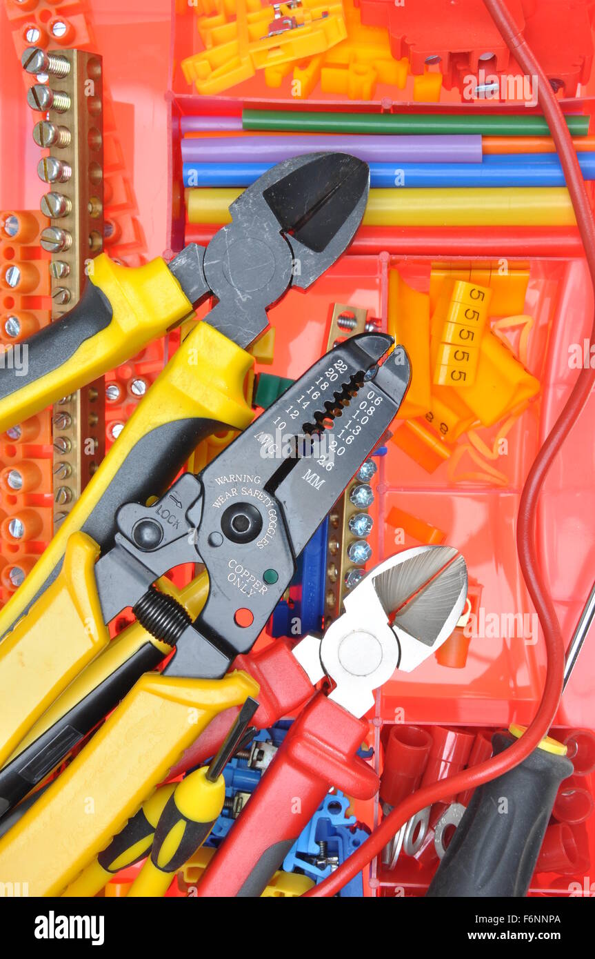 Tool box with electrical tools and components Stock Photo - Alamy