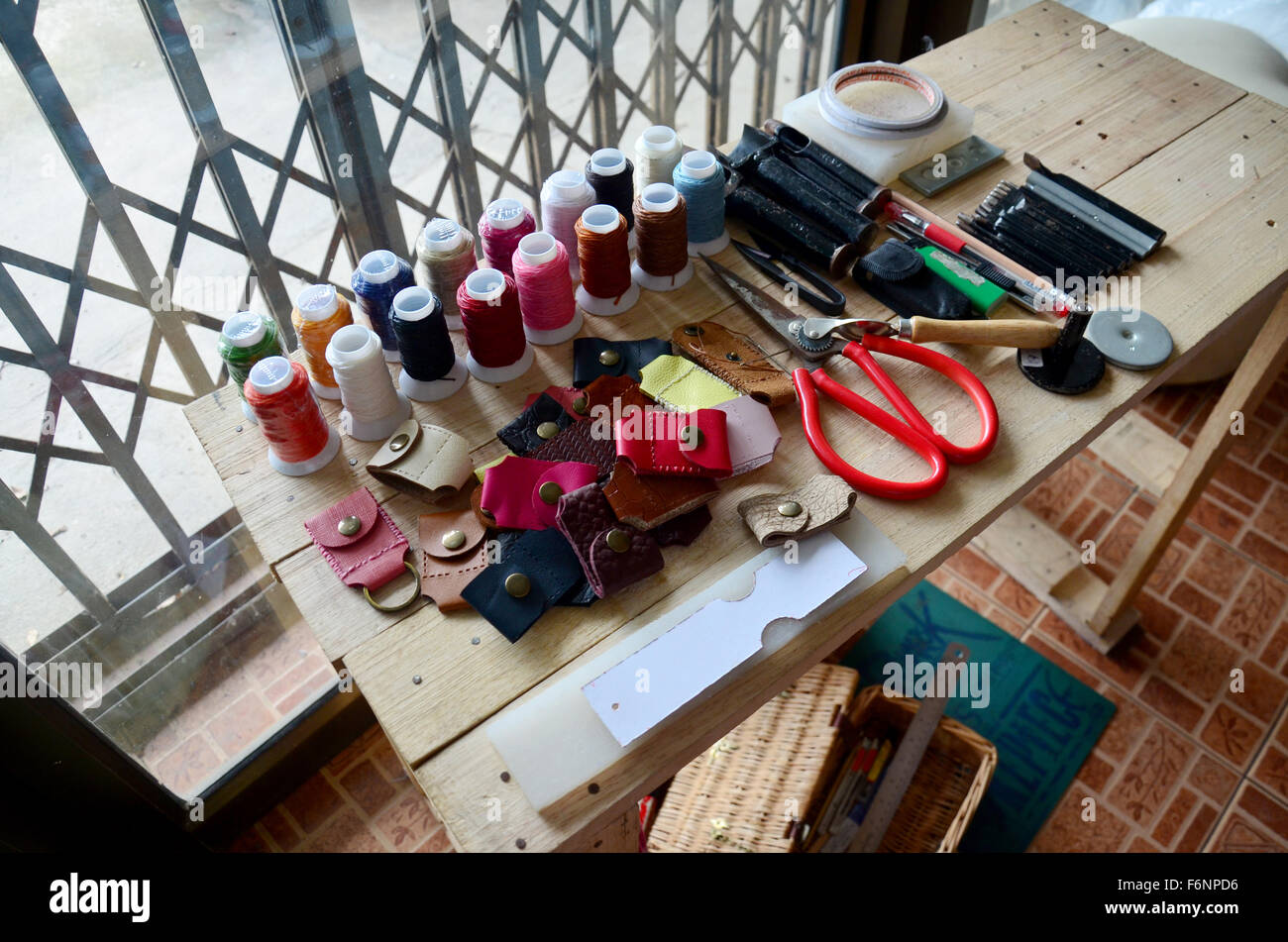 Leather craft tools for Handmade key ring and small bag made from ...
