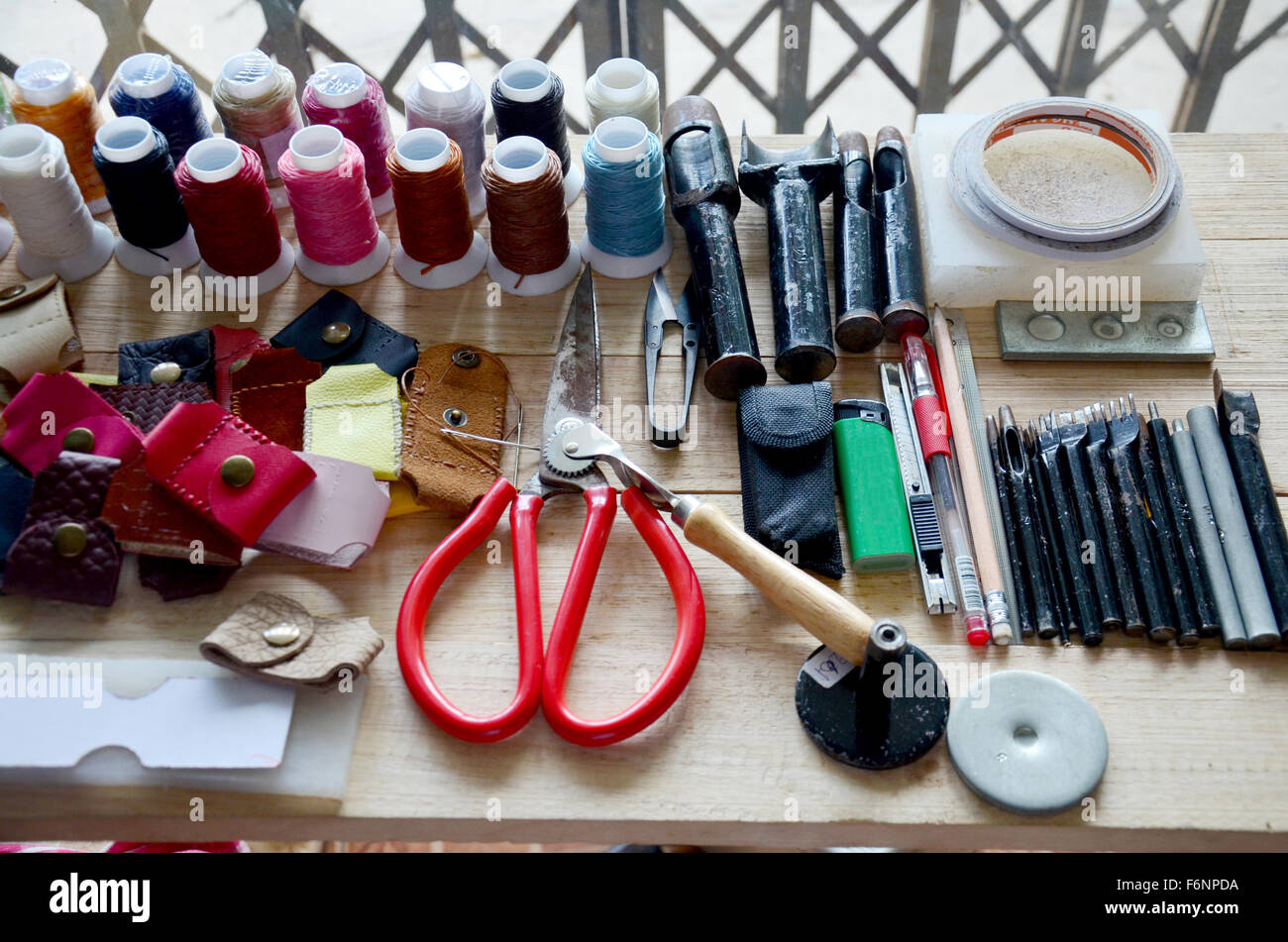 Leather craft tools for Handmade key ring and small bag made from ...