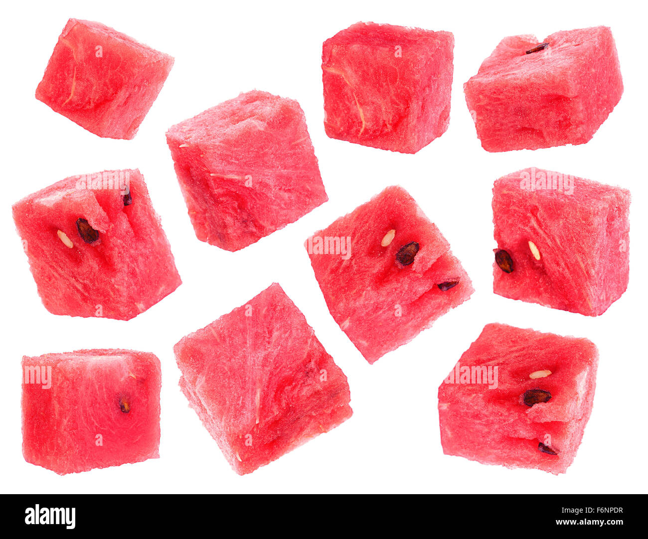 Watermelon fruit cube slice closeup isolated on white background Stock ...