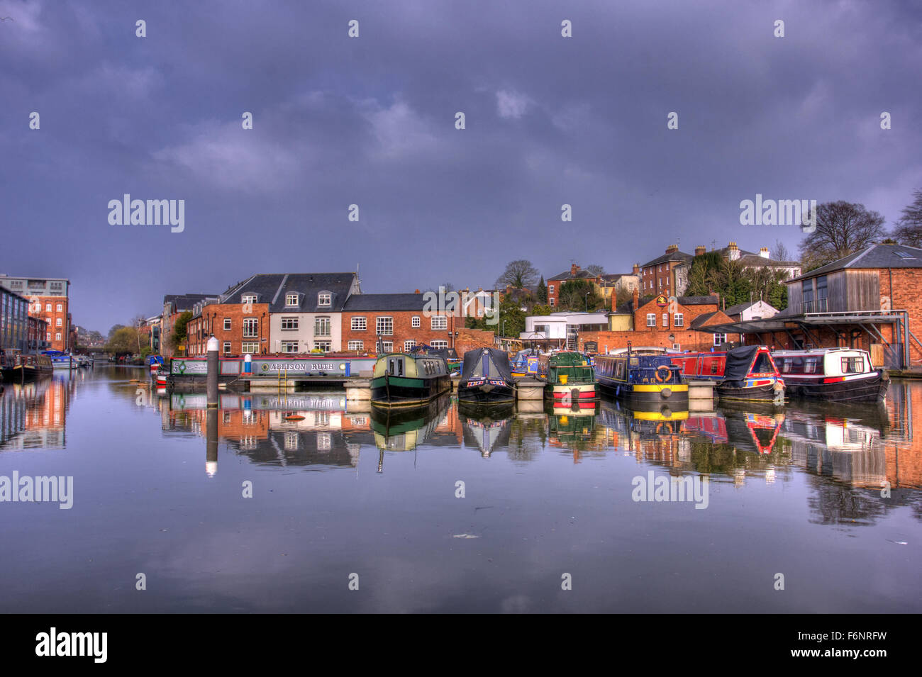 Diglis Basin Worcester canal with reflections of boats and buildings ...