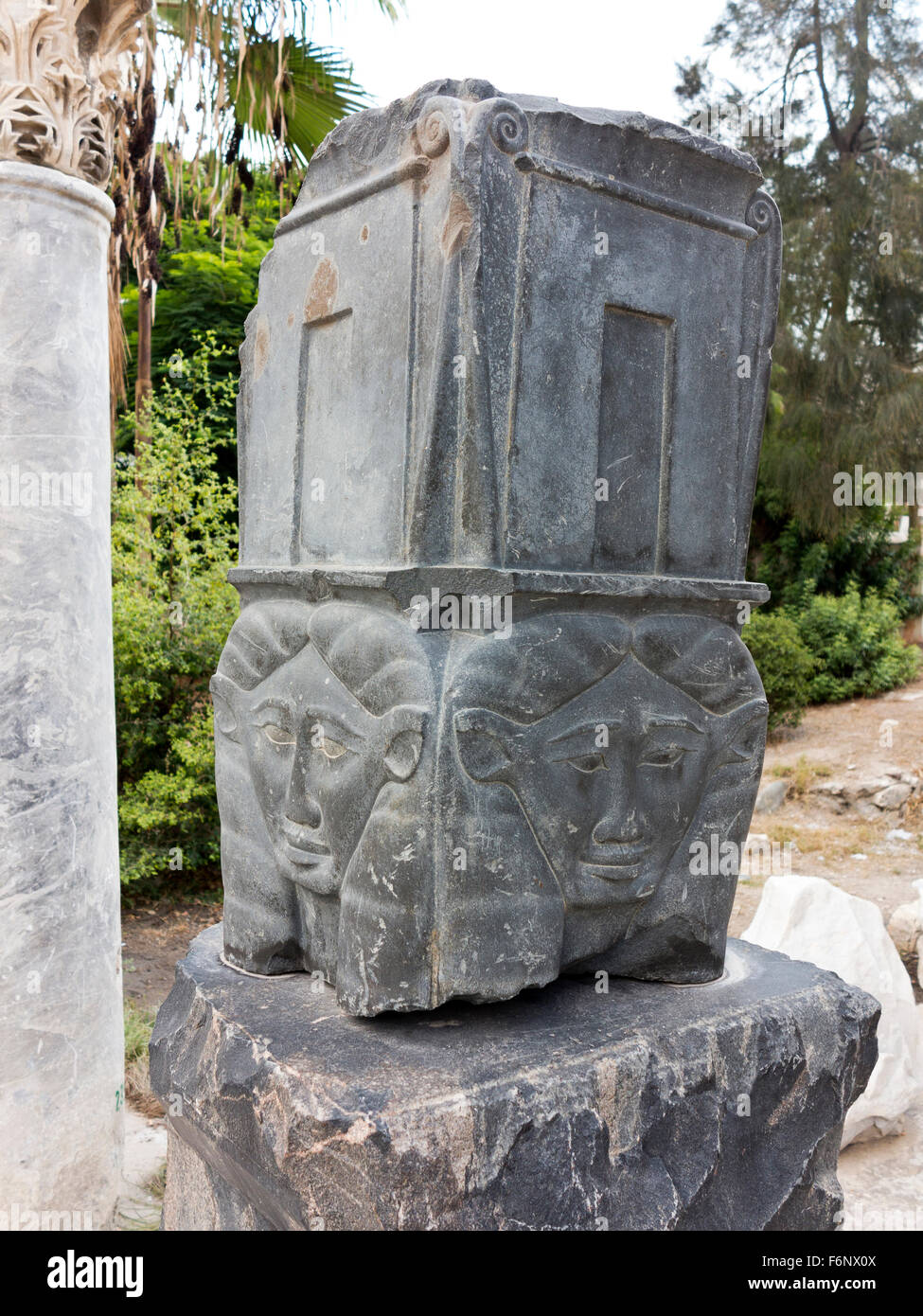 Black basalt Hathor head column in the Open Air Museum at Kom al ...