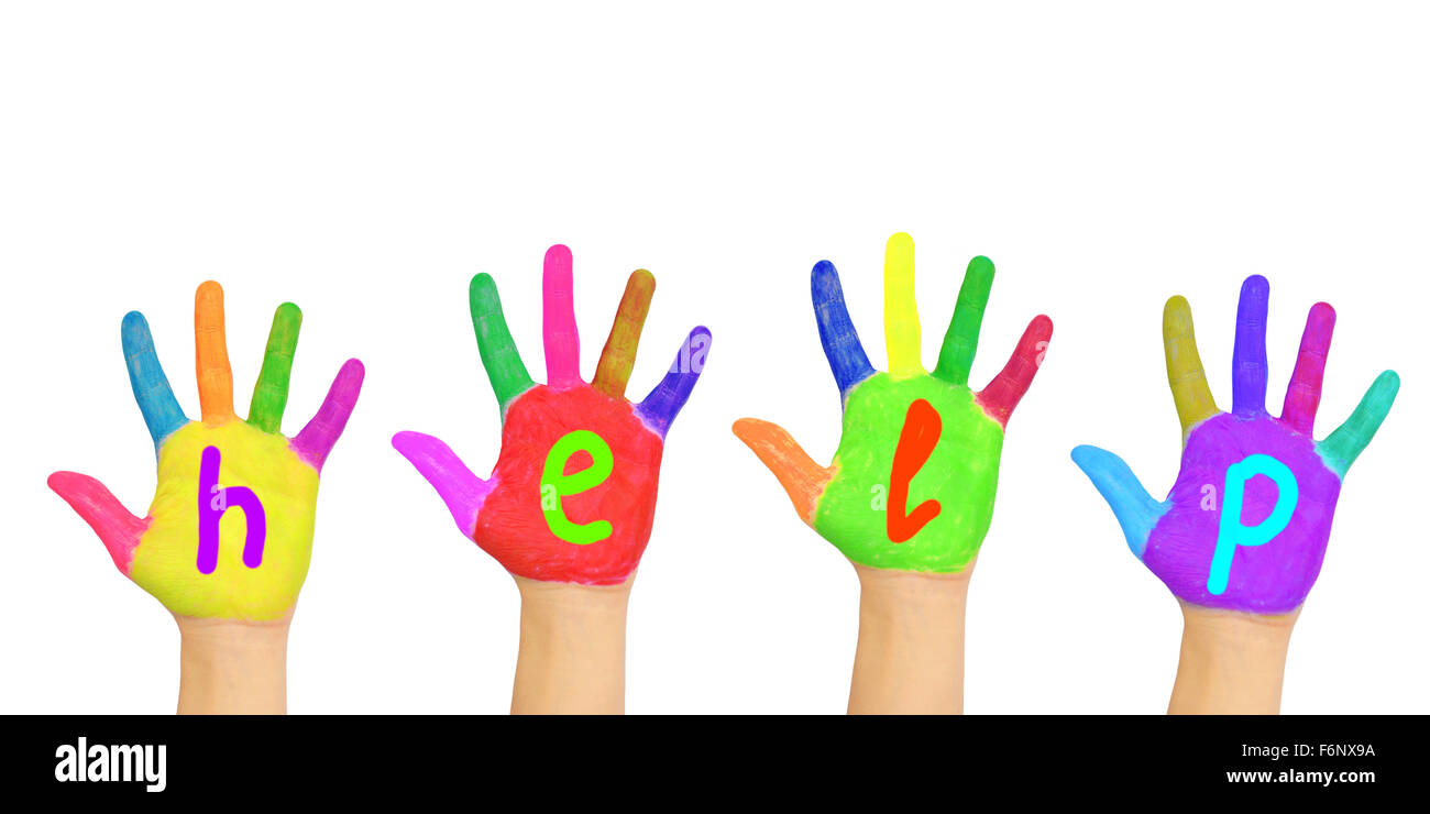 Word "help" written on the palms of colorful painted hands. Isolated on ...