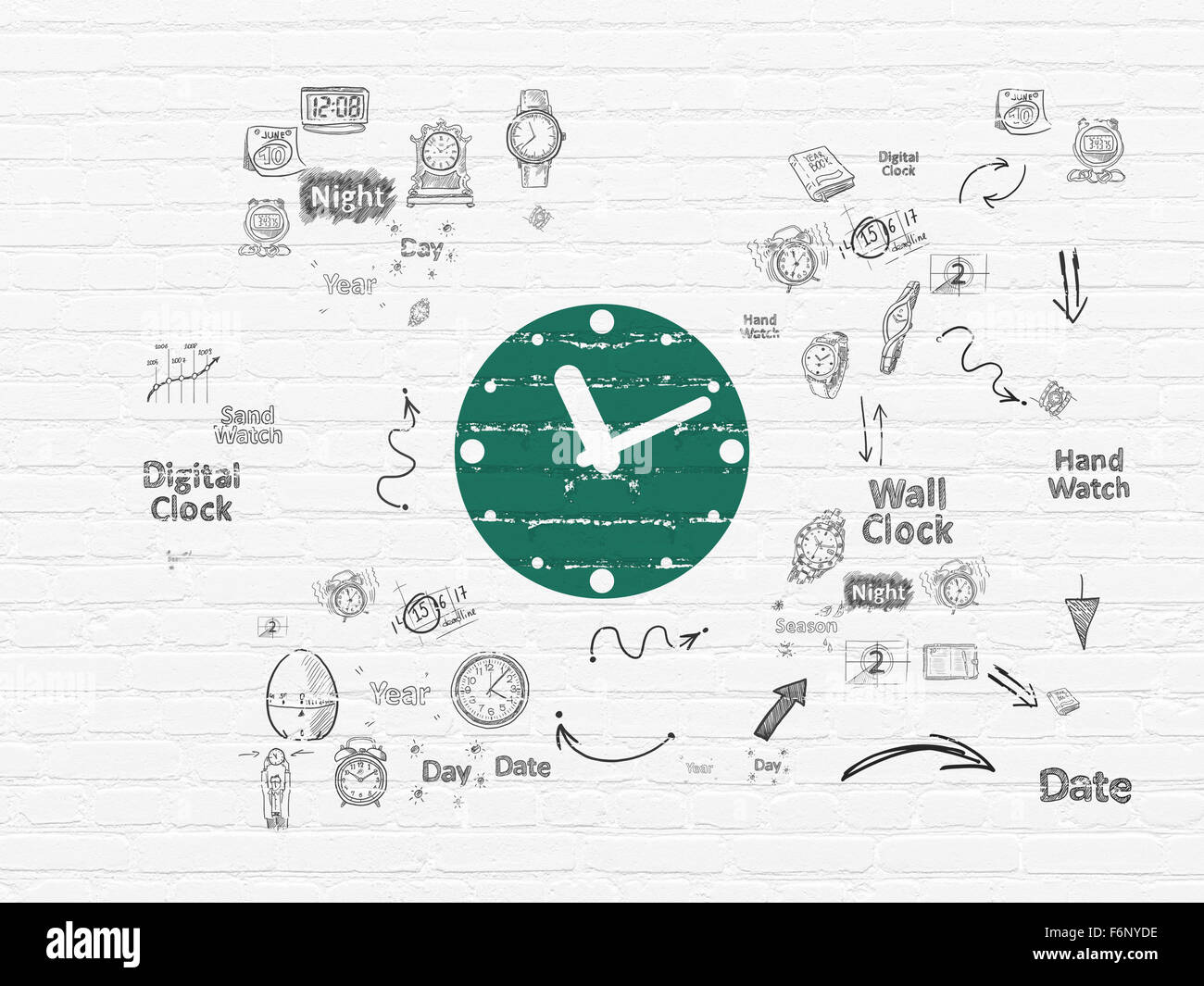 Timeline concept: Clock on wall background Stock Photo - Alamy