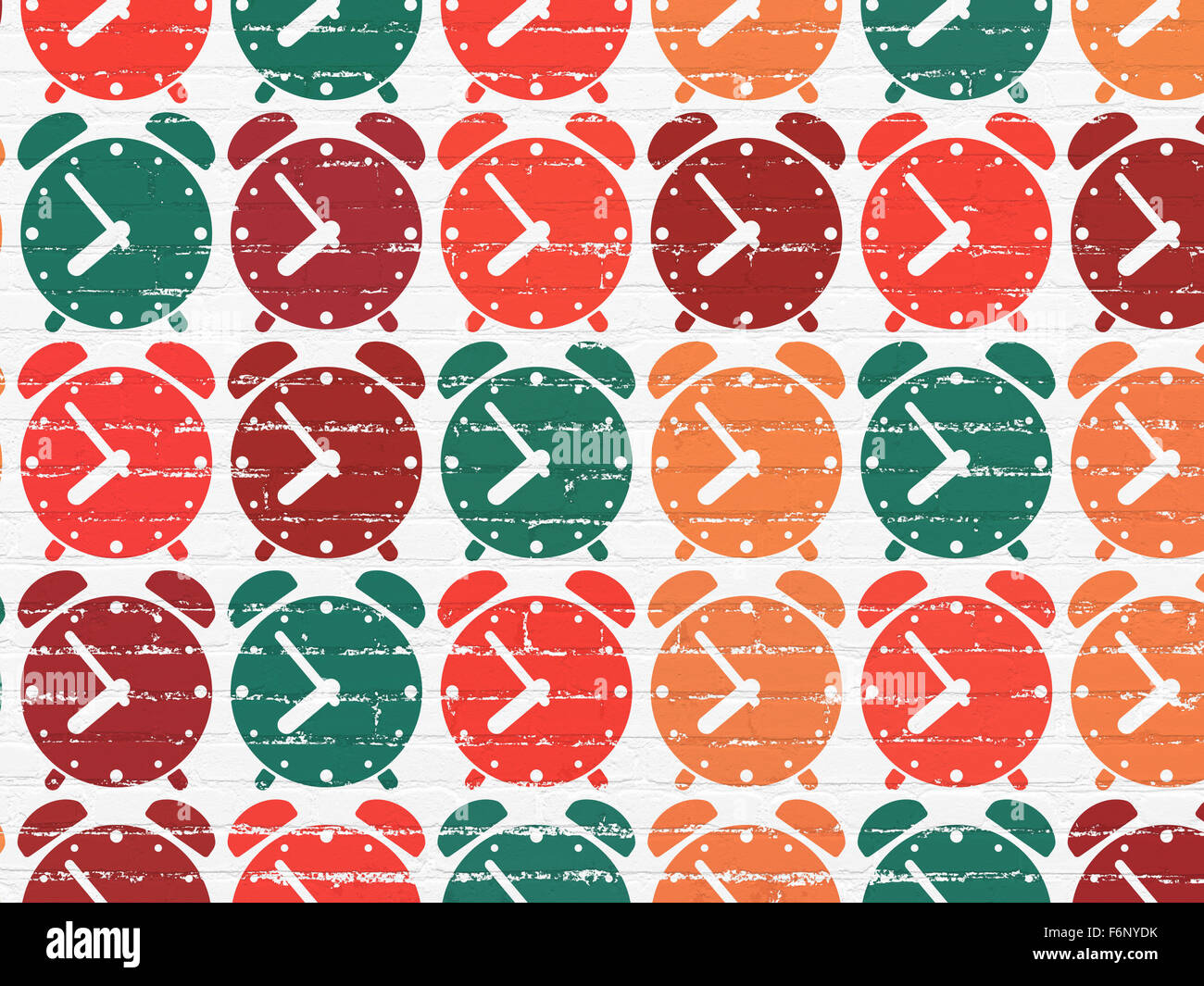 Timeline concept: Alarm Clock icons on wall background Stock Photo - Alamy