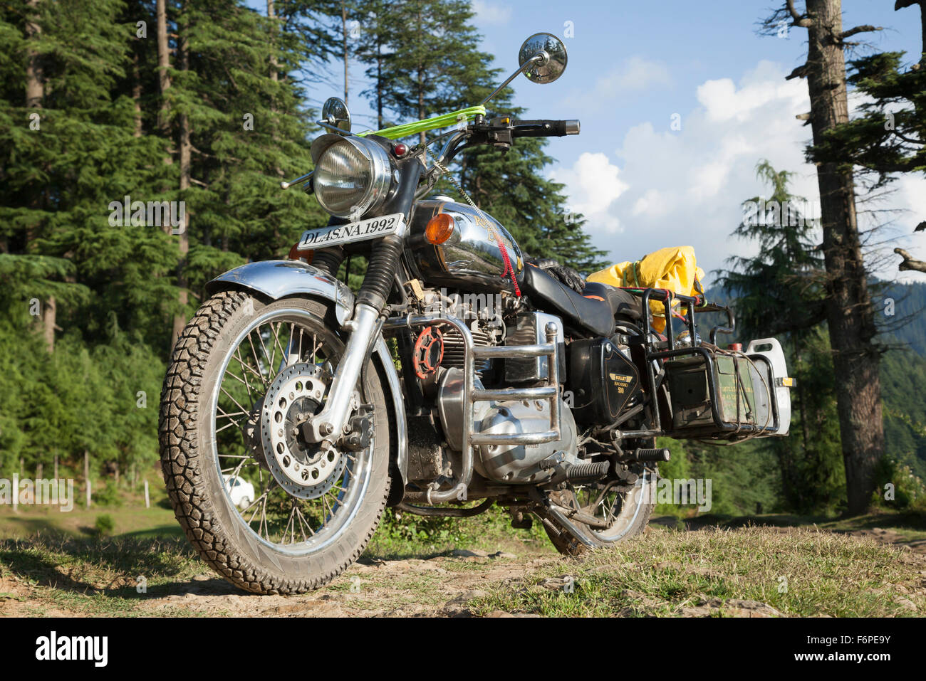 Indian Royal Enfield motor cycle in the mountainous Himalayan terrain ...