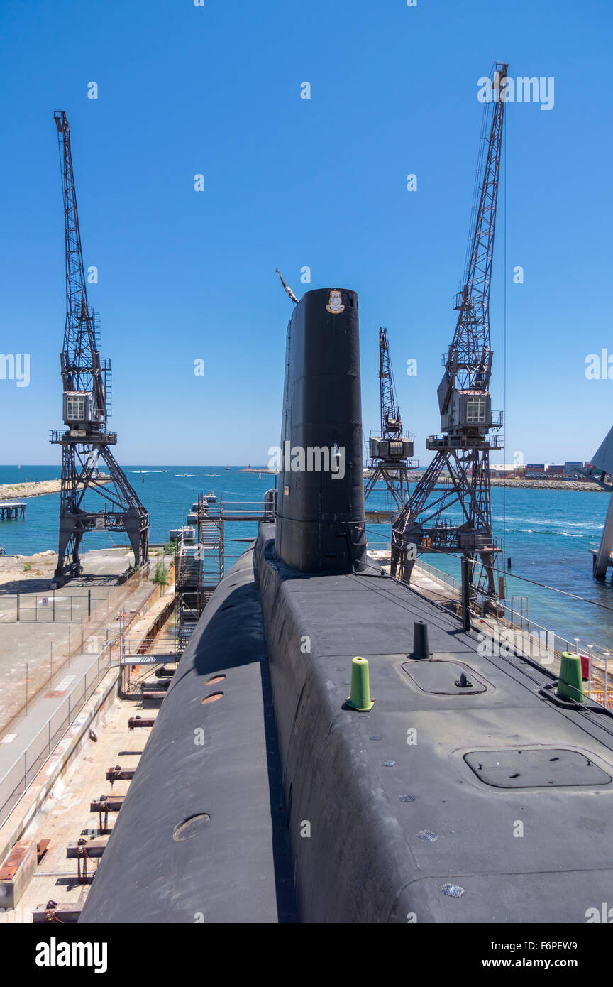 Royal Australian Navy submarine HMAS Ovens in drydock on display in the ...