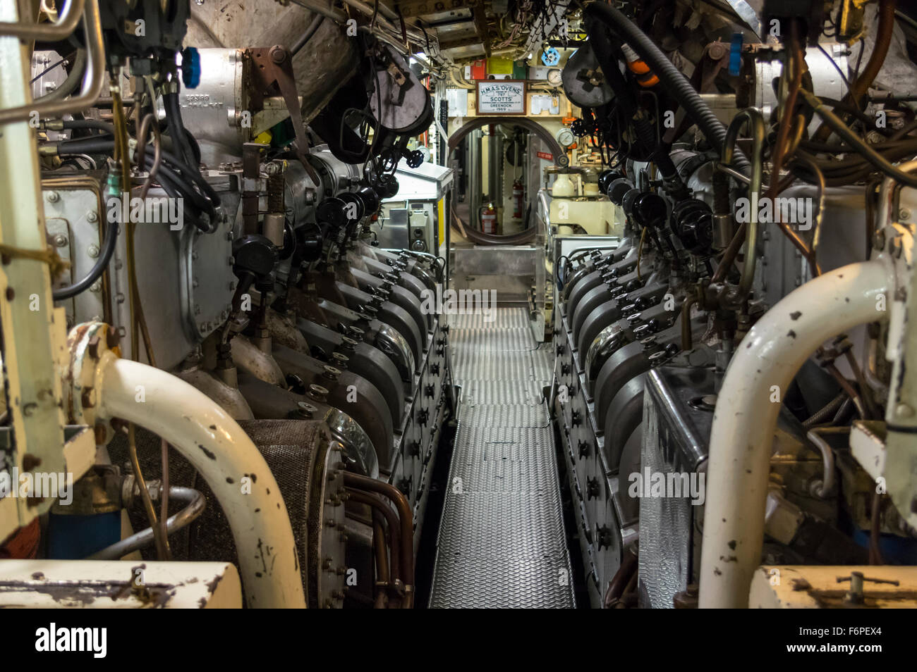 Engine room of the Royal Australian Navy submarine HMAS Ovens. Western ...