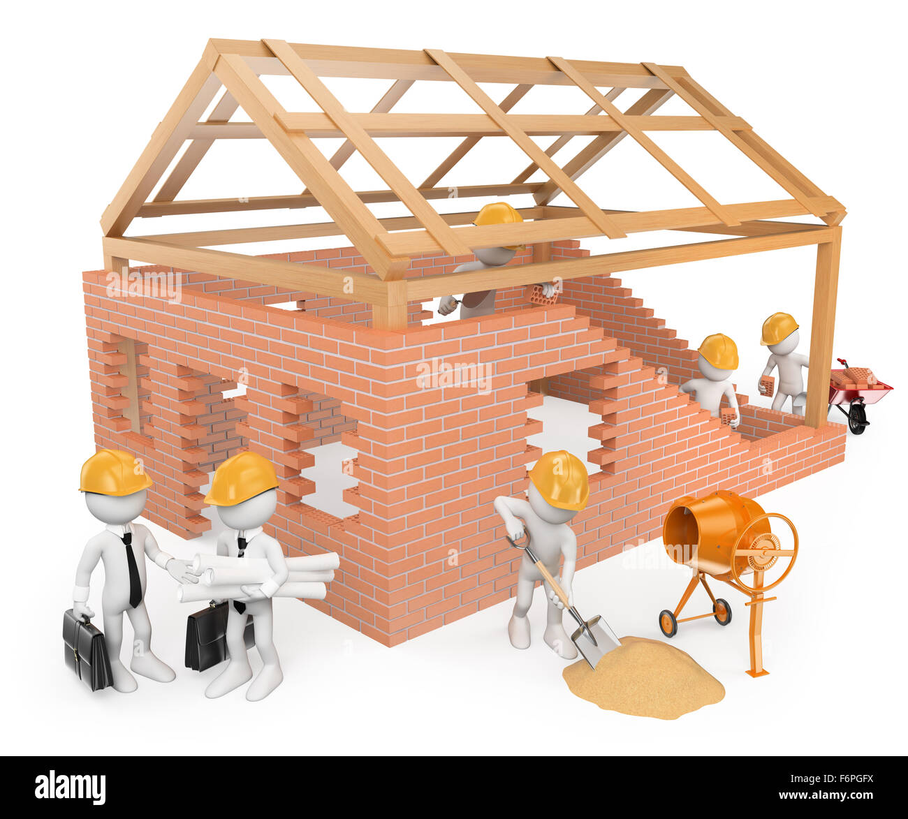 3d white people. Construction workers building a house. Architects ...