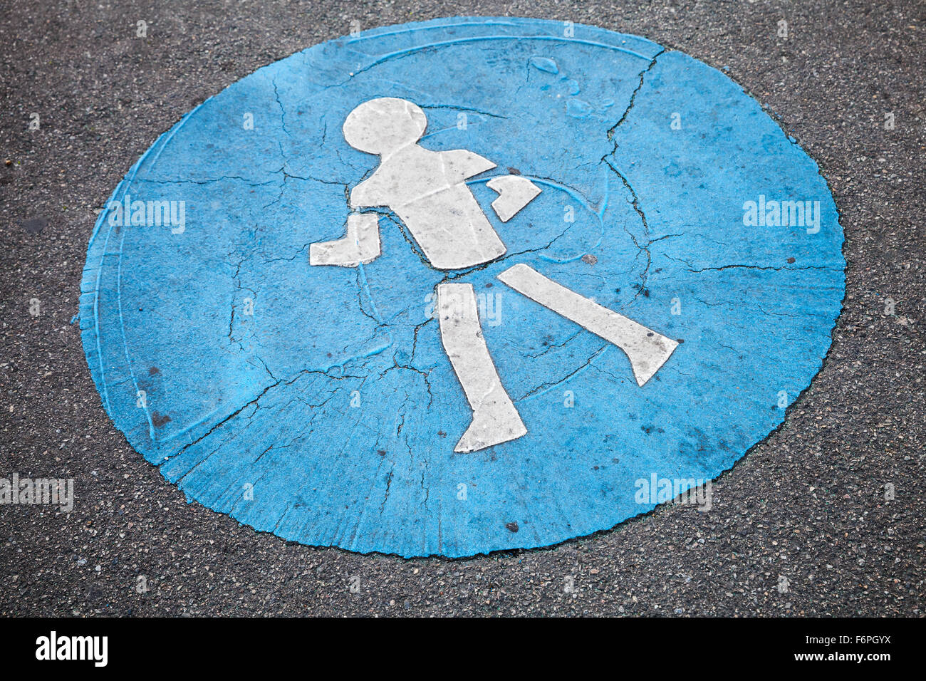 Pedestrian lane road marking, white schematic walking man in blue ...