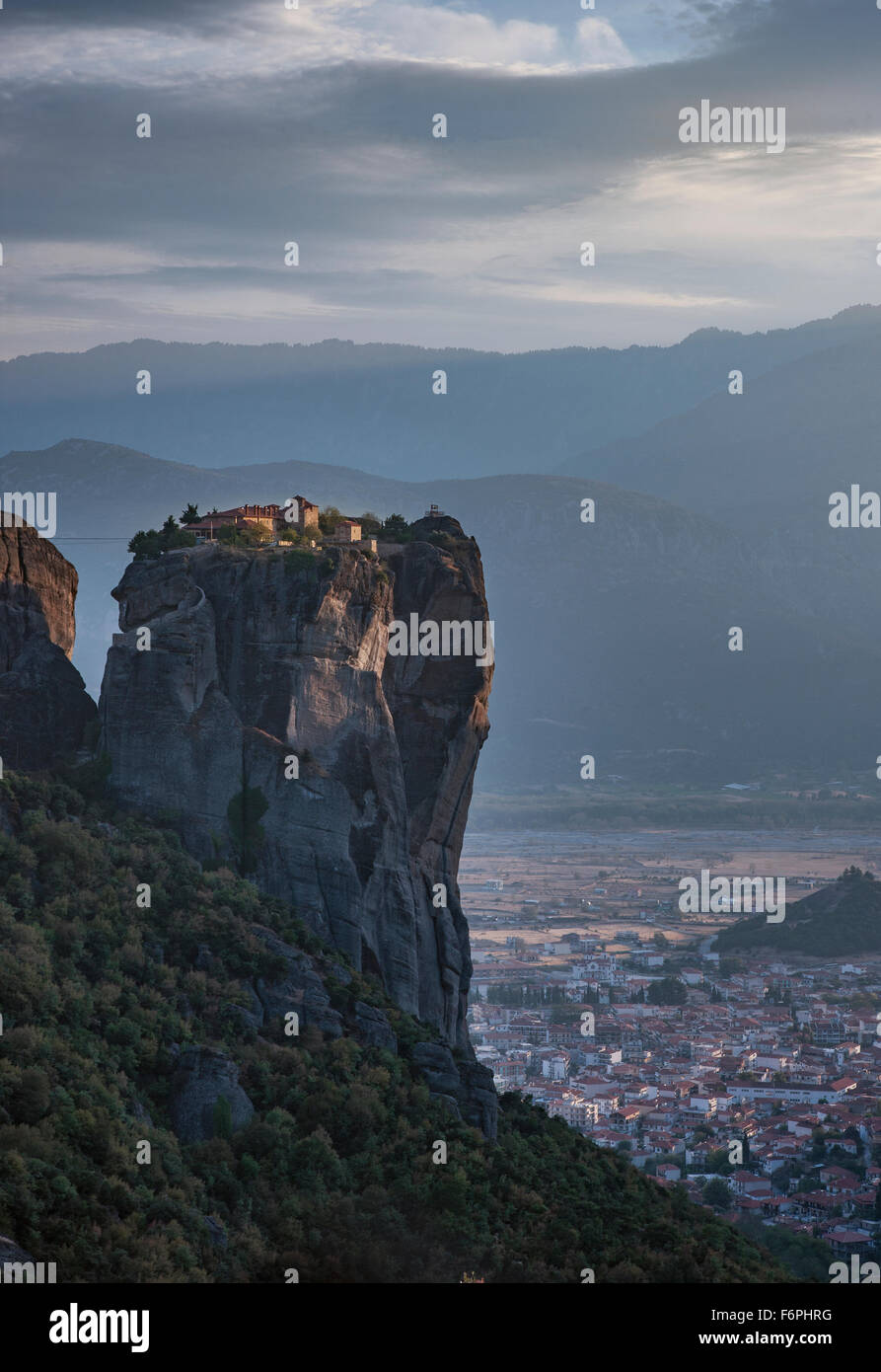 Aerial view of mountain over Meteora cityscape, Kalambaka, Greece Stock ...