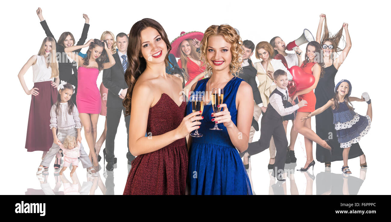 Young women foreground on the people crowd background isolated on white ...