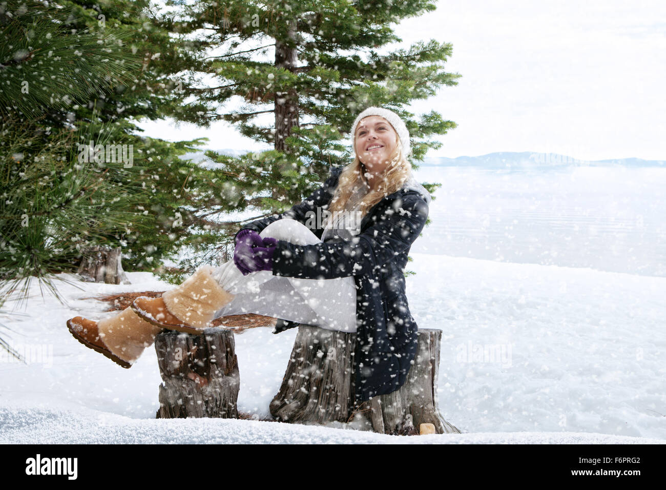 Portrait of young beautiful woman on winter outdoor background Stock ...