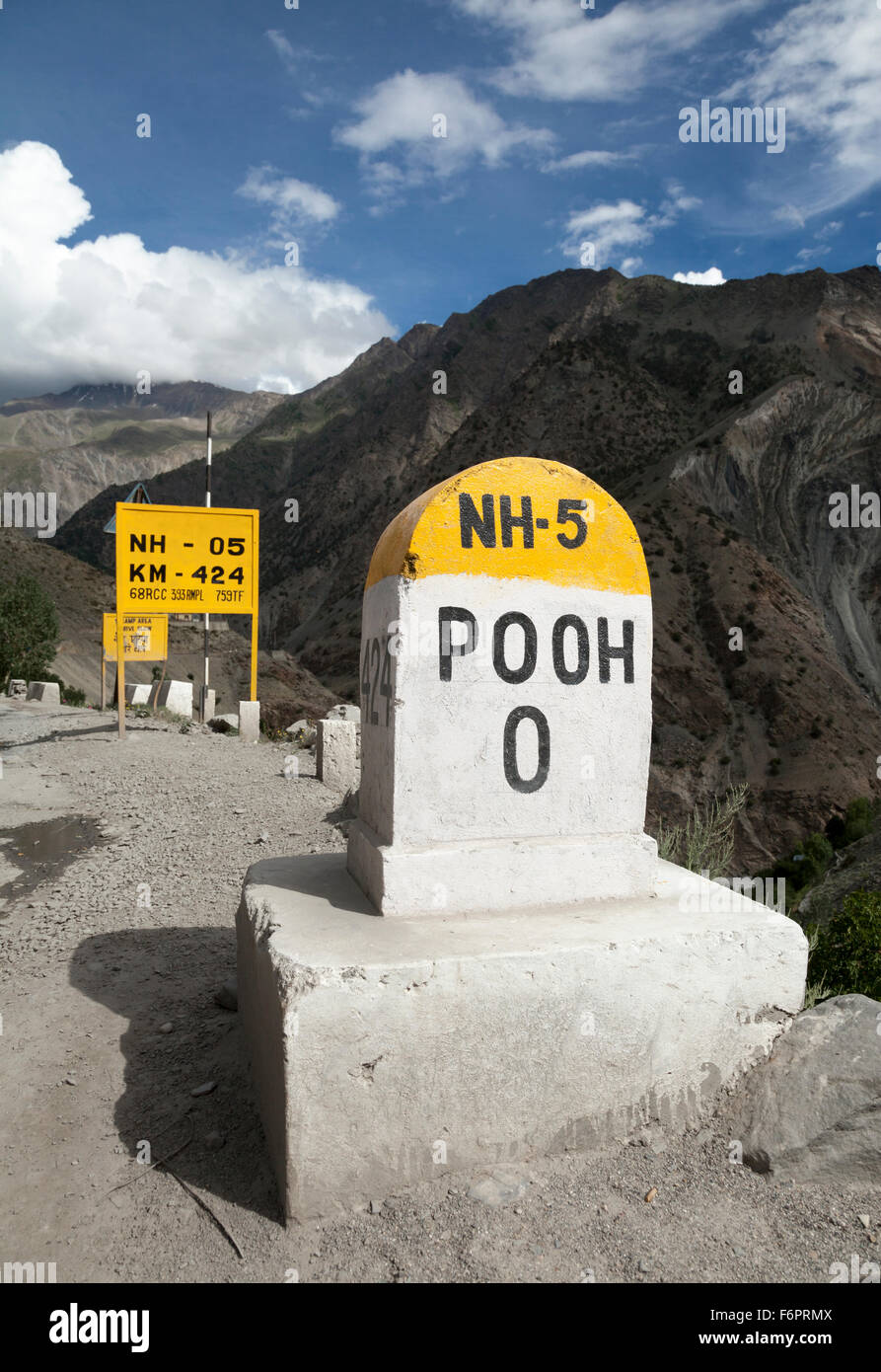 Indian road sign at Pooh in the Himalayan region of Himachal Pradesh ...