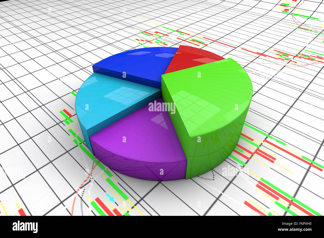 A colorful 3d pie chart graph. High resolution render with candlesticks chart background Stock ...