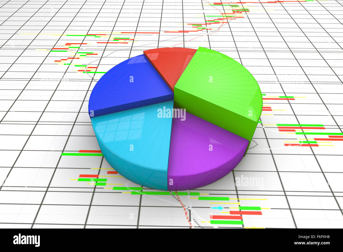 A colorful 3d pie chart graph. High resolution render with candlesticks chart background Stock ...