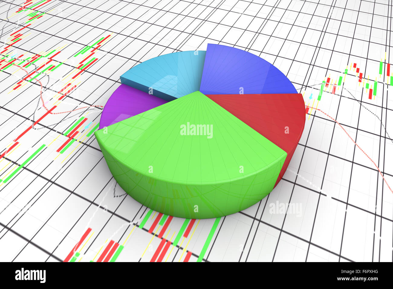 A colorful 3d pie chart graph. High resolution render with candlesticks chart background Stock ...