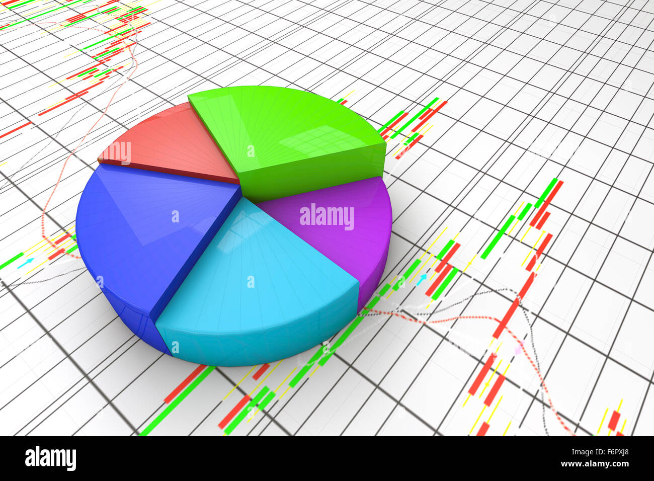 A colorful 3d pie chart graph. High resolution render with candlesticks chart background Stock ...