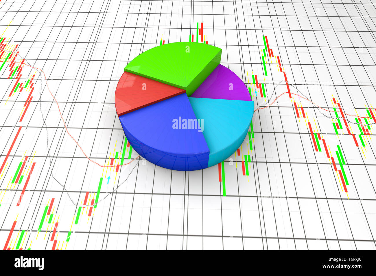 A colorful 3d pie chart graph. High resolution render with candlesticks chart background Stock ...