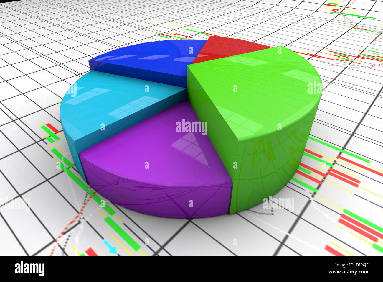 A colorful 3d pie chart graph. High resolution render with candlesticks chart background Stock ...
