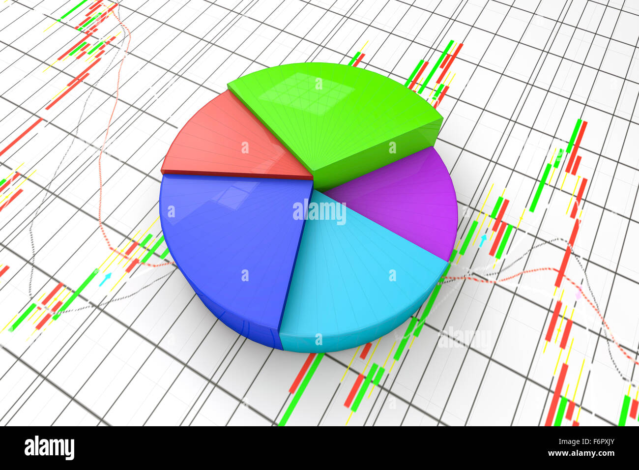 A colorful 3d pie chart graph. High resolution render with candlesticks chart background Stock ...