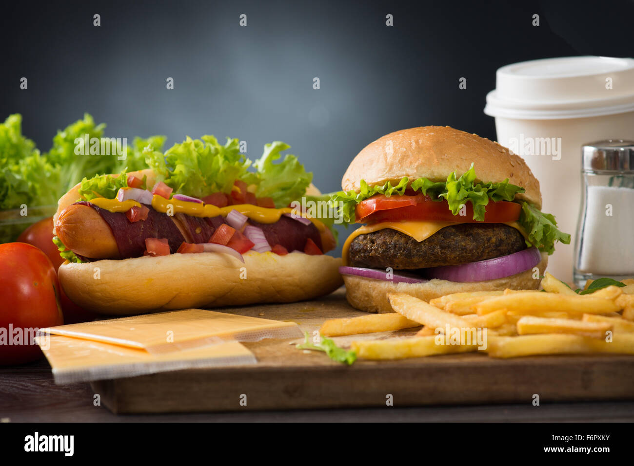 fast food hamburger, hot dog menu with burger, french fries, tomato ...